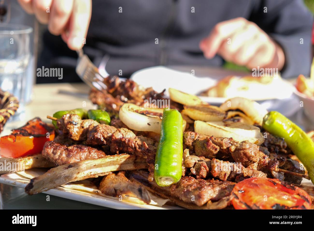 Delicious mixed kebab meat chopsteak meatball skewer lamb with ...