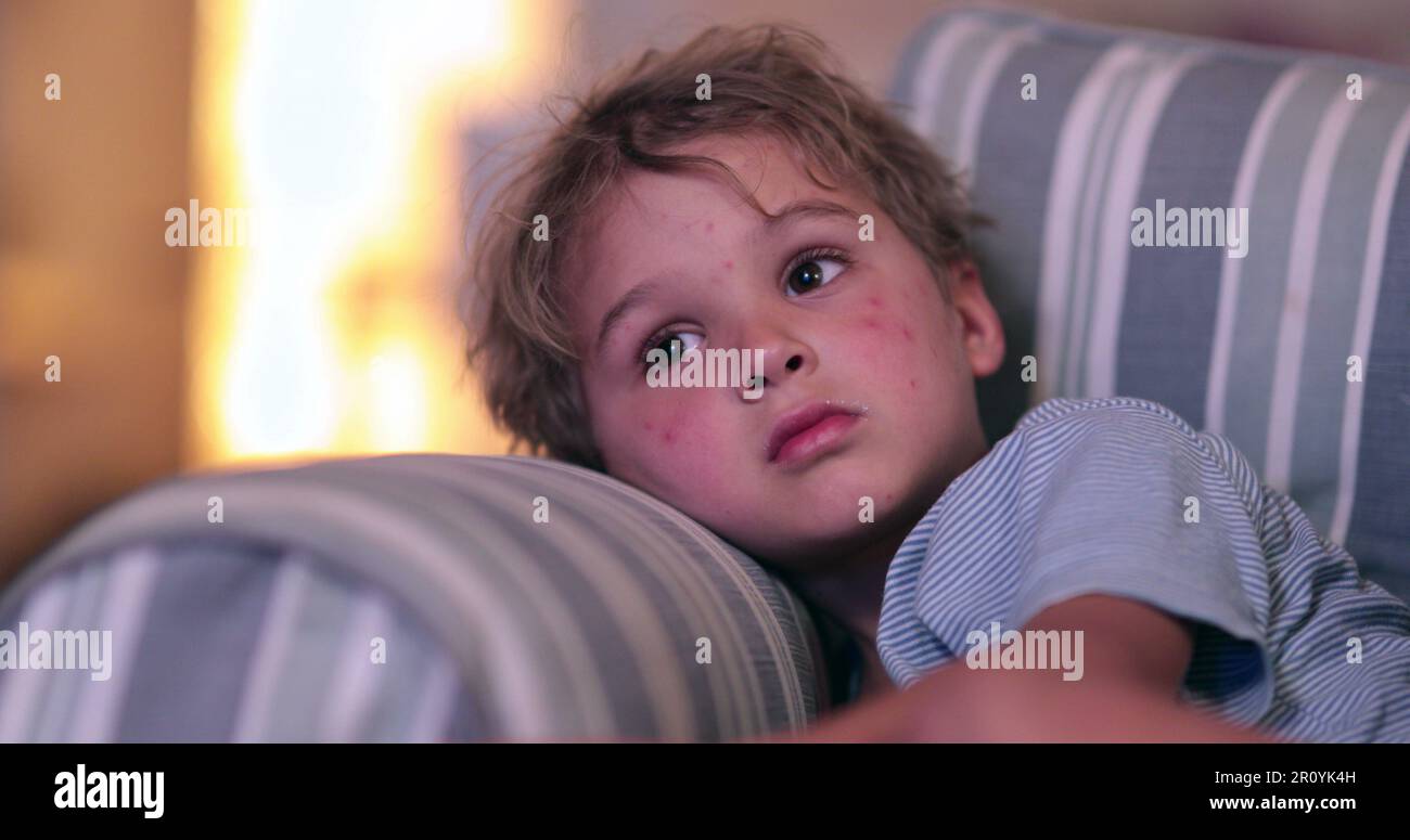 Child boy watching TV at night on couch. Candid kid staring at screen ...