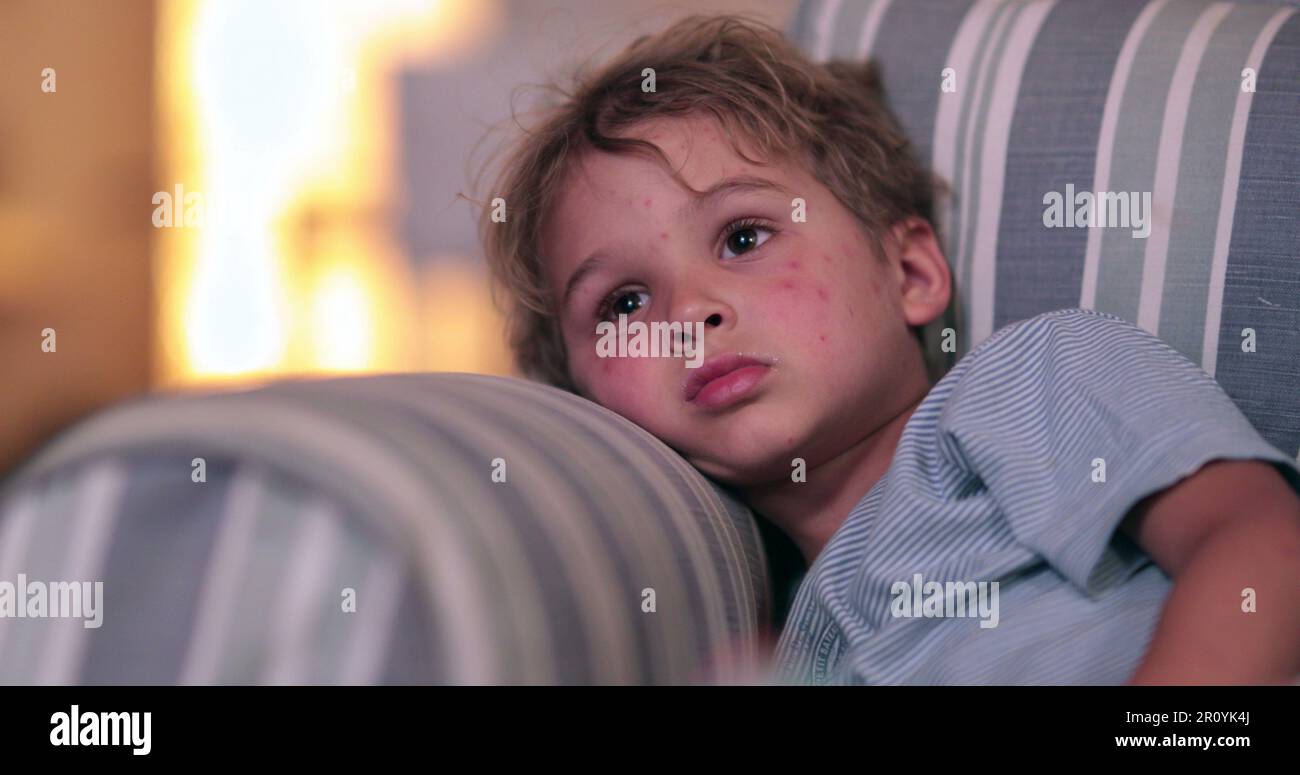 Child boy watching TV at night on couch. Candid kid staring at screen ...