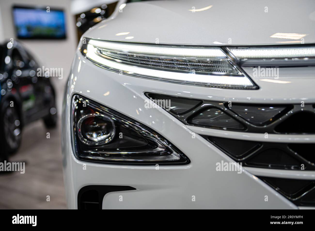 Riga, Latvia, April 28, 2023: LED headlights and car design closeup of nev Hyundai Nexo hydrogen ...