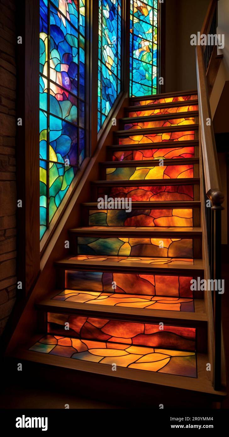 A winding staircase adorned with colorful stained glass panels Stock ...