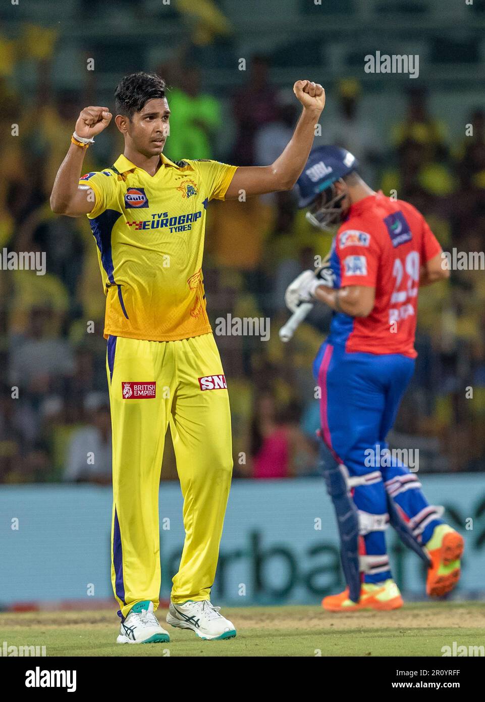 Chennai Super Kings' Matheesha Pathirana celebrates the wicket of Delhi ...