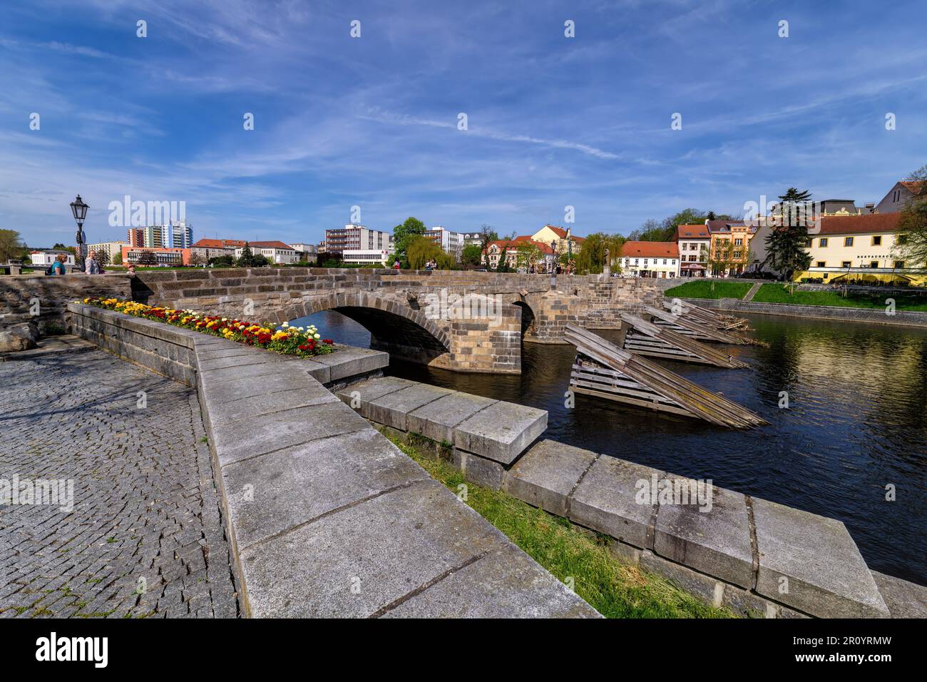 Historic stone bridge over river Otava in medieval town Pisek (Southern ...