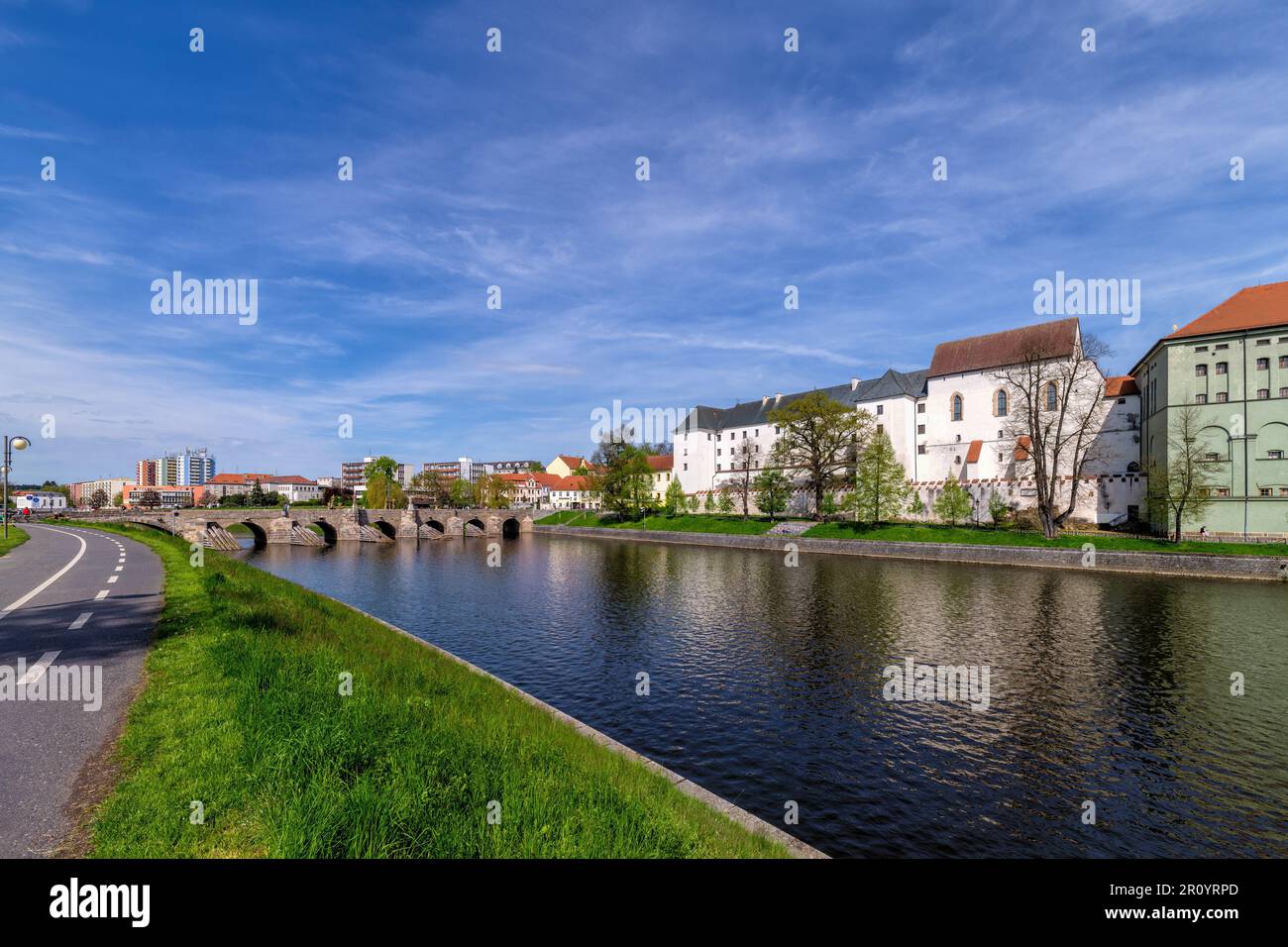 Historic stone bridge over river Otava in medieval town Pisek (Southern ...