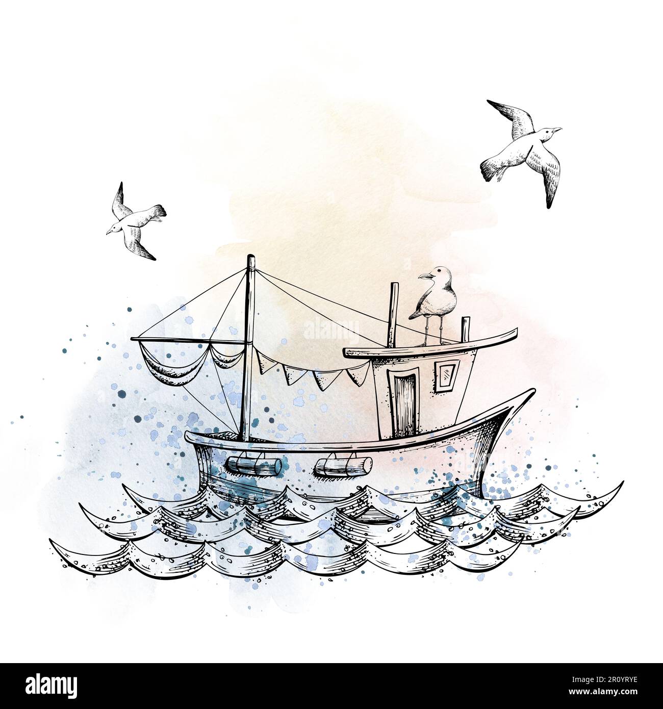 Sailing boat on the waves with sea gulls, isolated composition on a ...