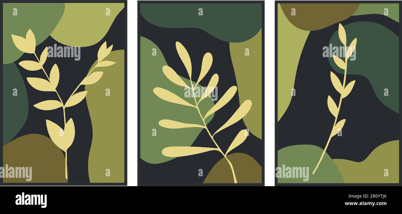 Botanical set of illustrations with abstract green shapes. For interior ...
