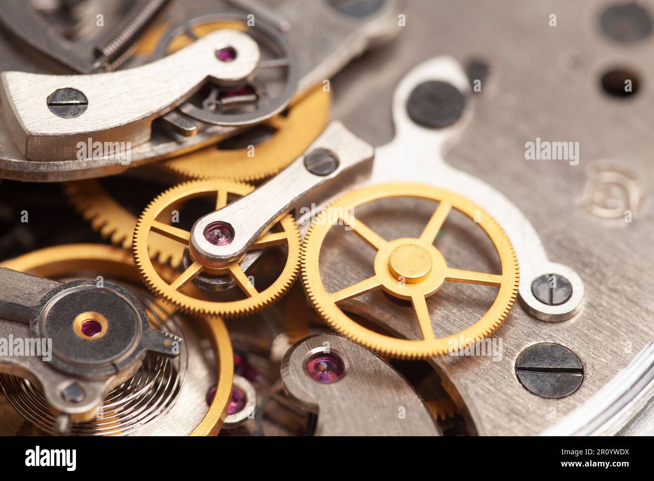 Mechanism, clockwork of a stopwatch close-up. Time, work concept Stock ...