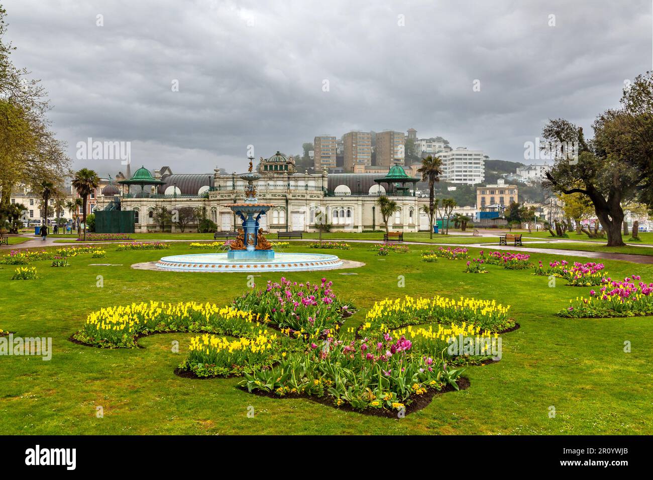 Flower beds and fountain in Princess Gardens in Torquay, Devon Stock ...