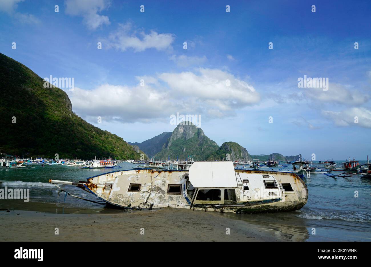 wooden traditional outrigger boats on palawan island at the philippines ...