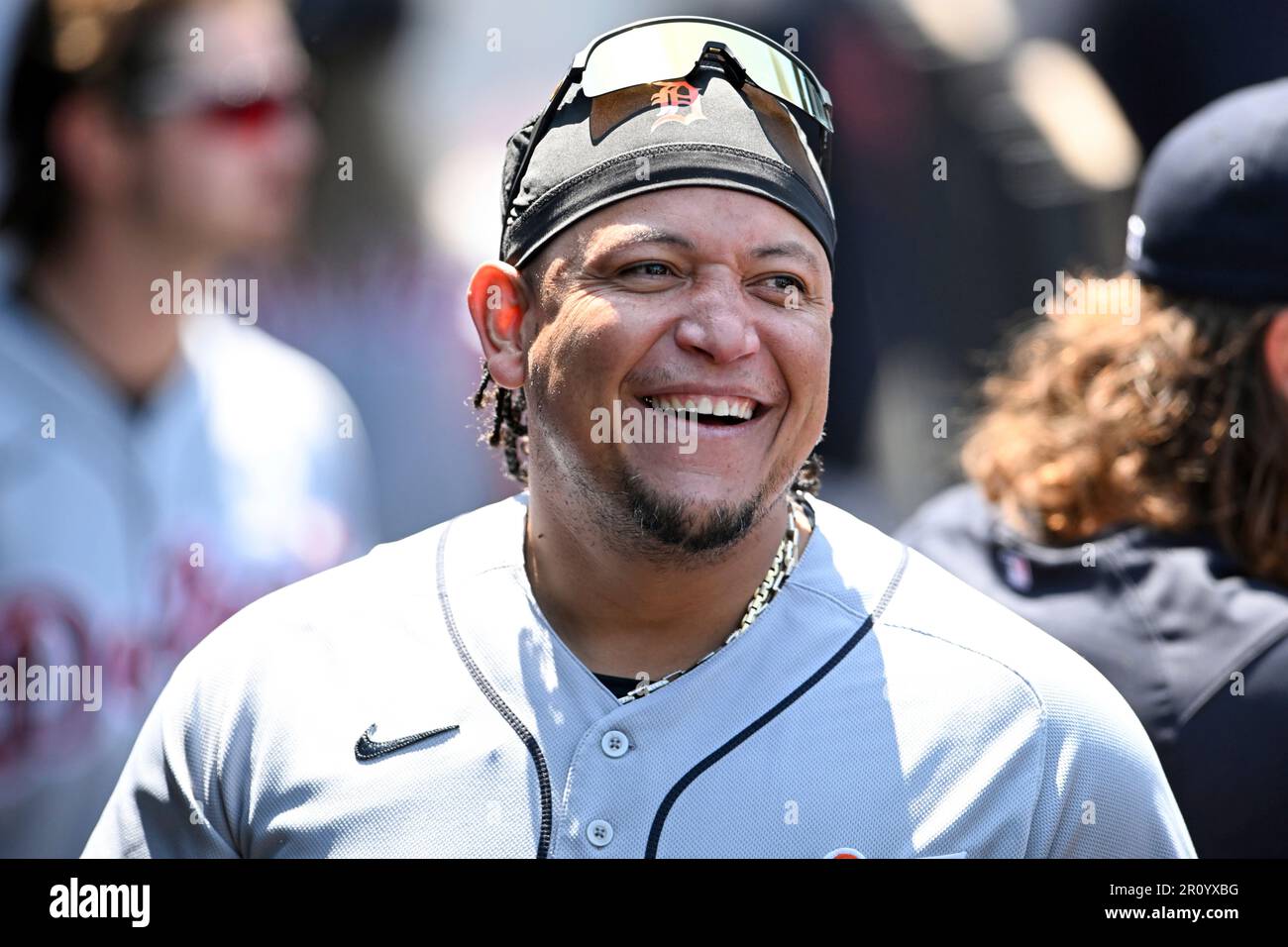 Detroit Tigers' Miguel Cabrera celebrates after Javier Báez scored on a ...