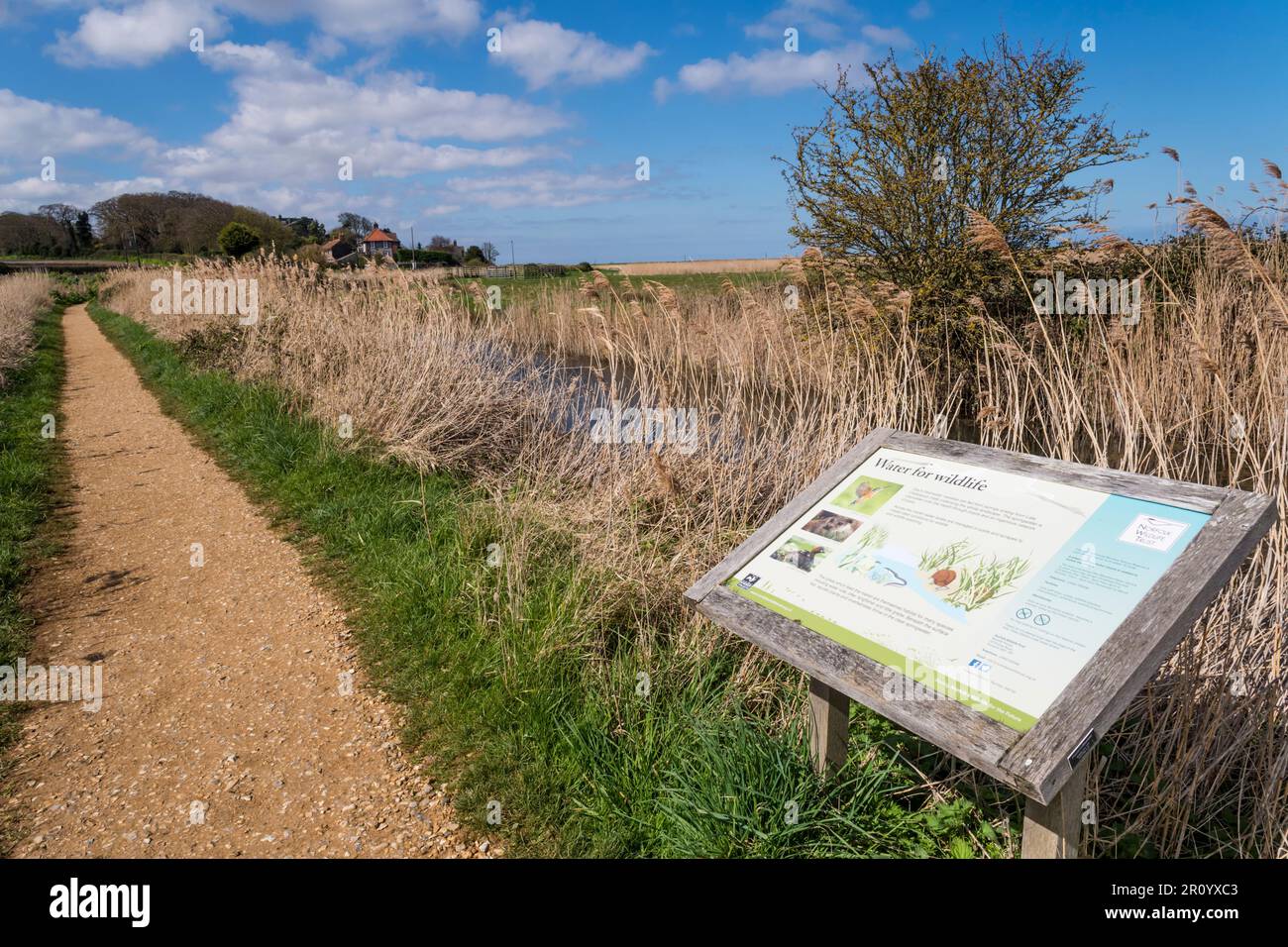 An interpretive information board next to a footpath at Cley Marshes ...