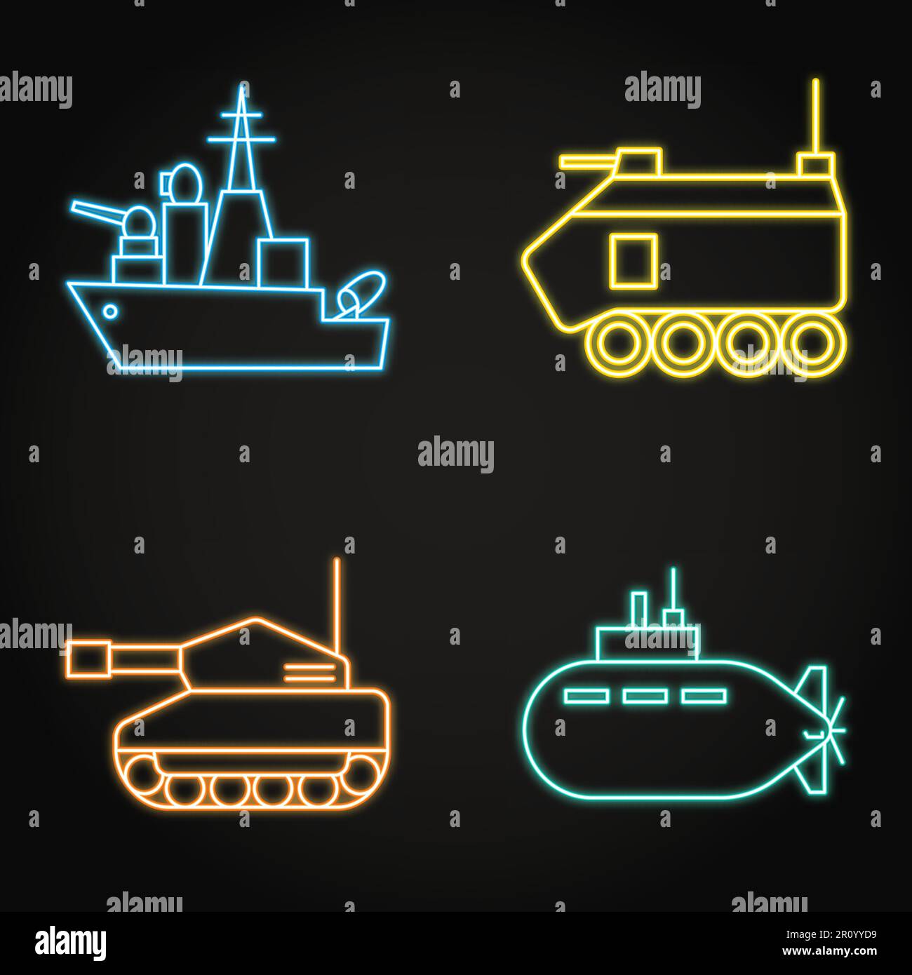 War machines neon icon set in line style. Military transport and combat ...