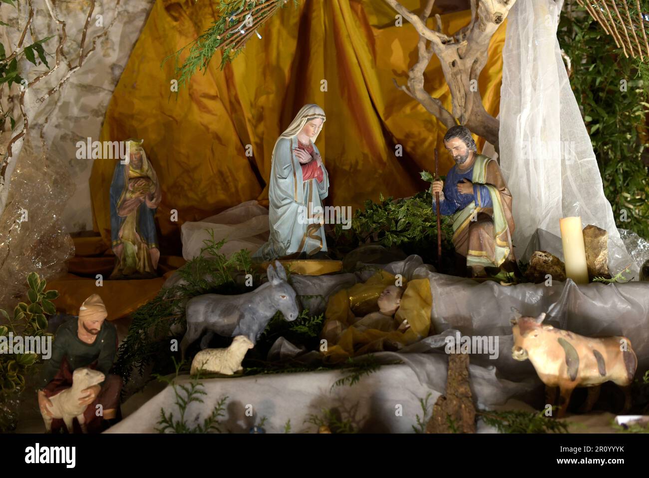 view of a beautiful nativity scene inside a church at Christmas in ...