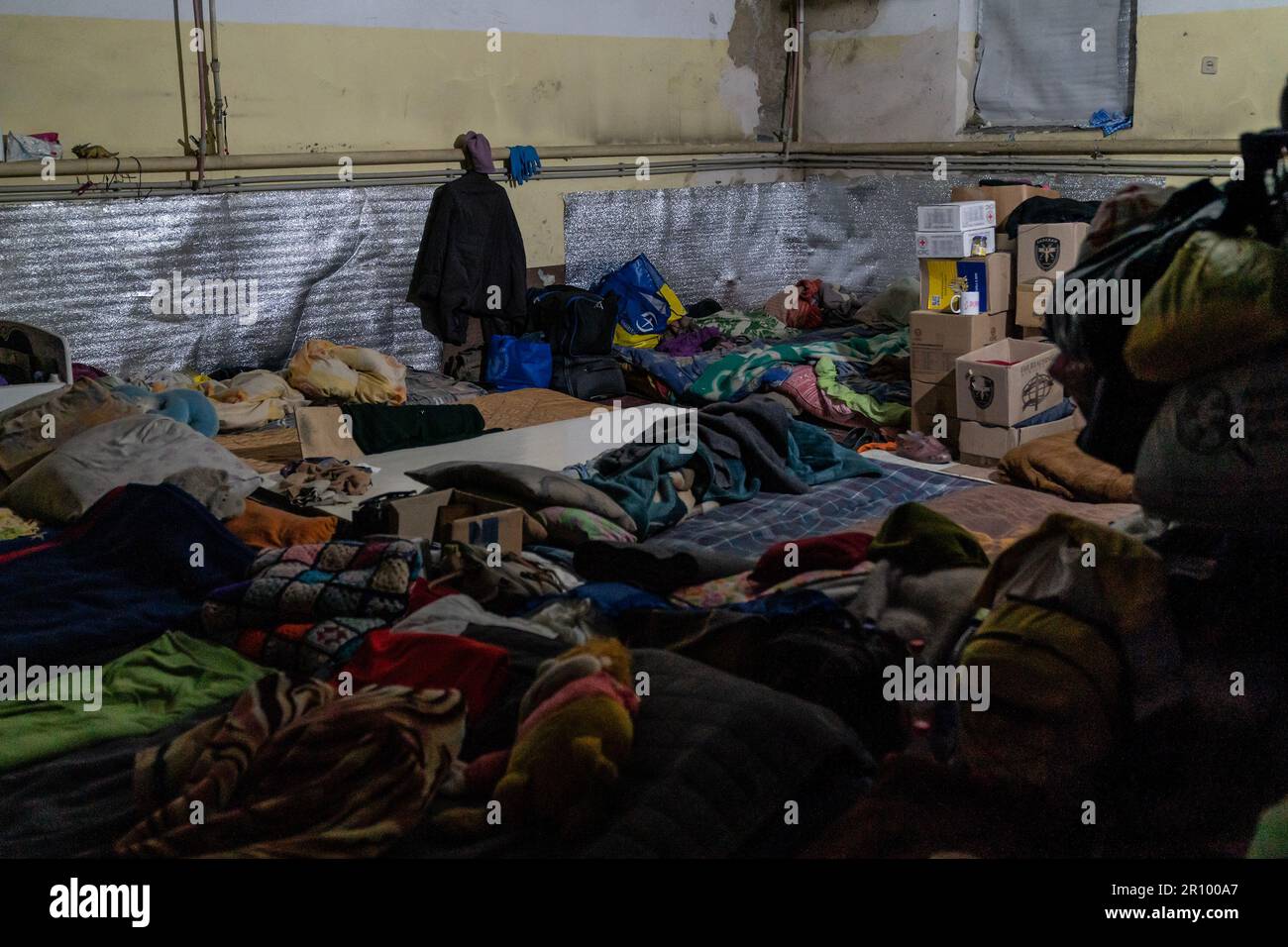 USA. 09th May, 2023. Living quarters in the basement of destroyed ...