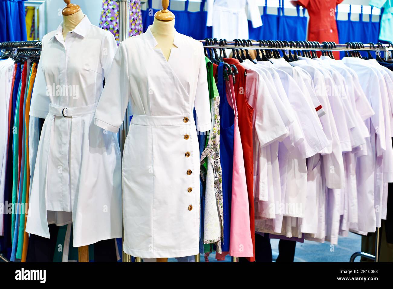 Medical uniform clothes for doctor in the store at the exhibition Stock ...