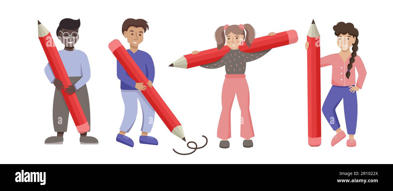 Vector flat cartoon set of busy characters students standing with big ...