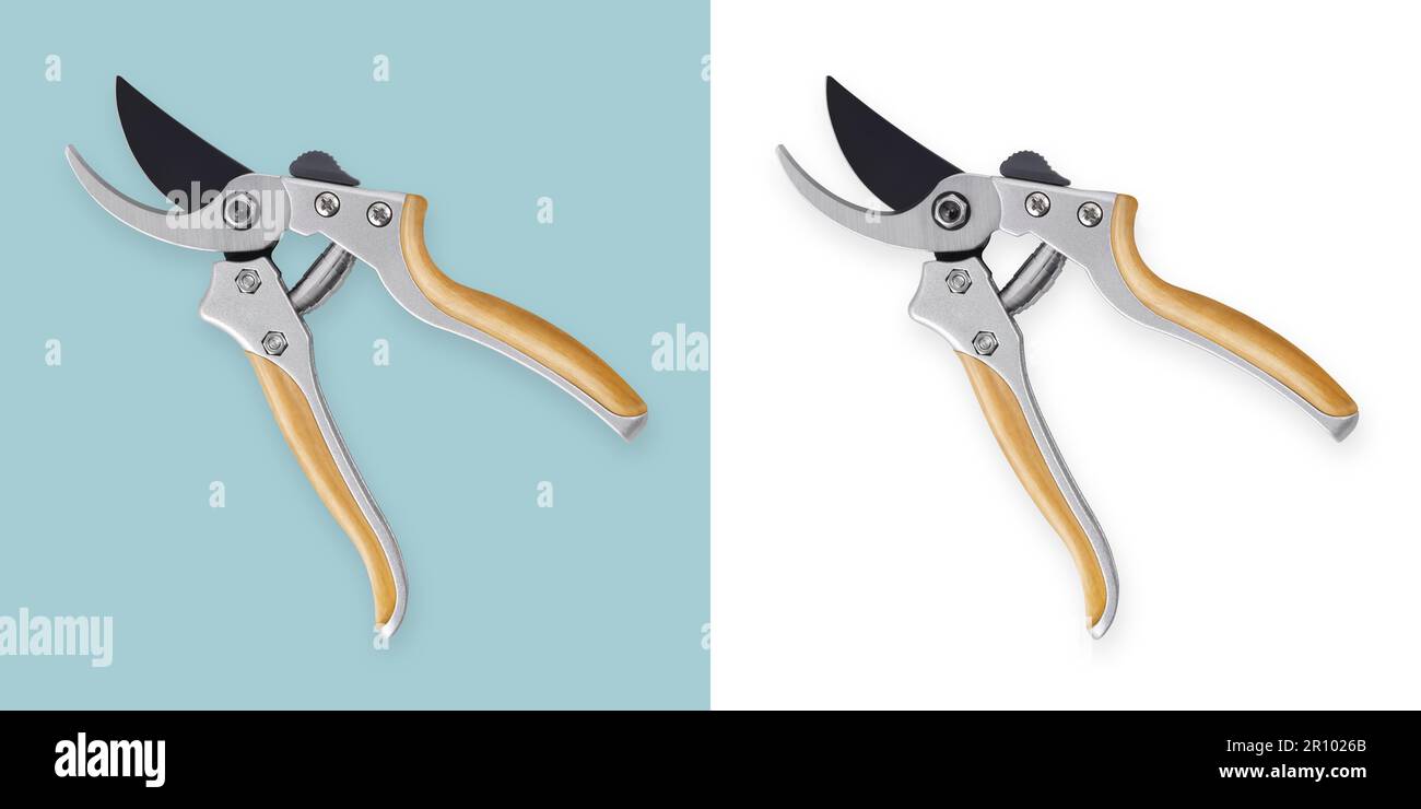 single steel gardening scissor with wooden grip for pruned or plants ...