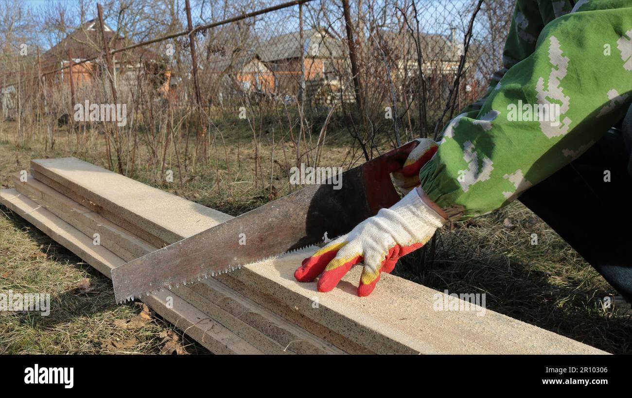 sawing with a hacksaw a long planed board by a villager in an open ...