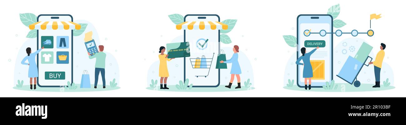 Online orders and delivery set vector illustration. Cartoon tiny people ...