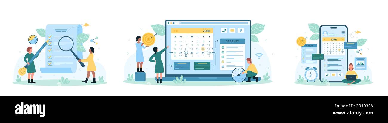 Planning goals in mobile apps, time management set vector illustration ...