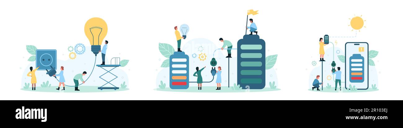 Power and energy generation set vector illustration. Cartoon tiny ...