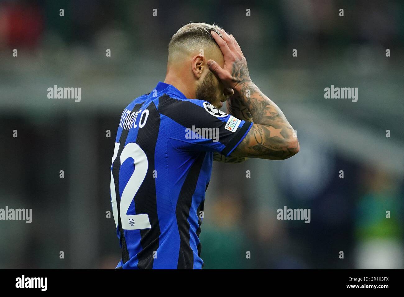 Milan, Italy. 10th May, 2023. Federico Dimarco of FC Internazionale looks Dejected during the ...