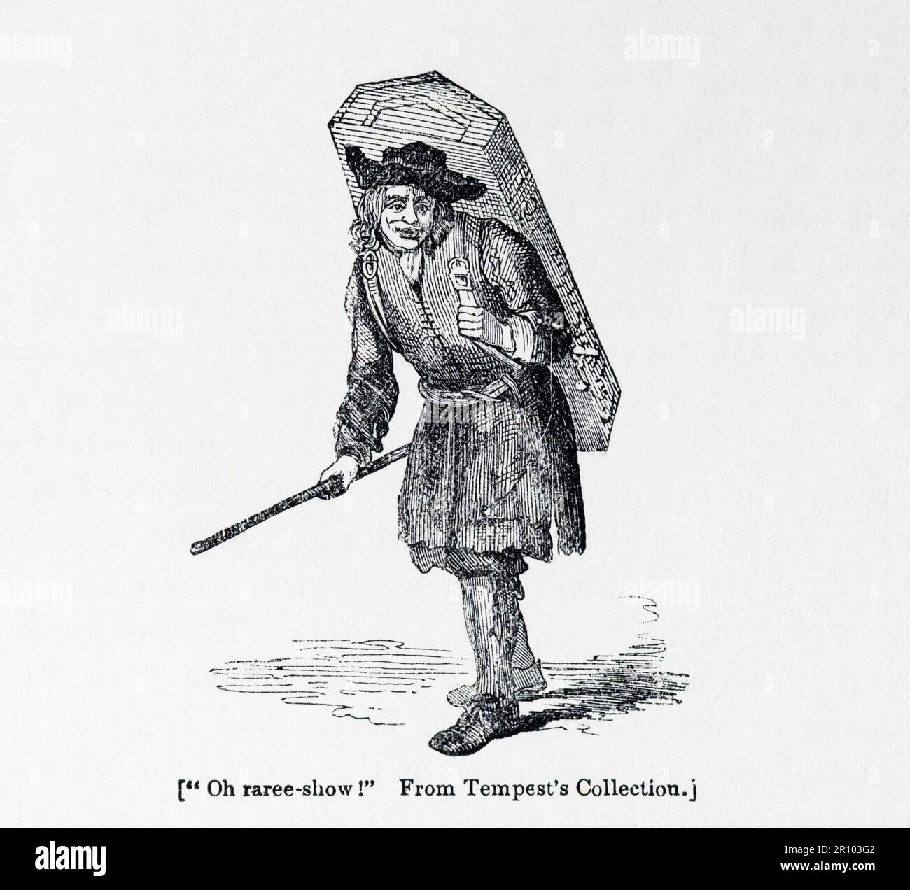 19th century engraving of a Raree Man. Captioned 'Oh raree-show!' From ...