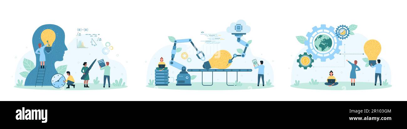 Project development set vector illustration. Cartoon tiny people repair ...