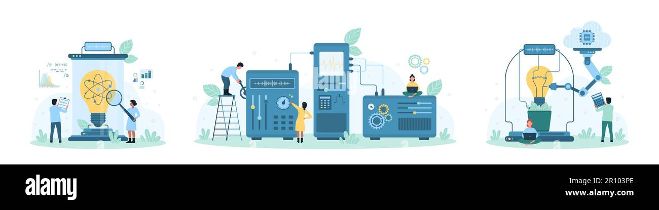 Science idea development set vector illustration. Cartoon tiny people ...