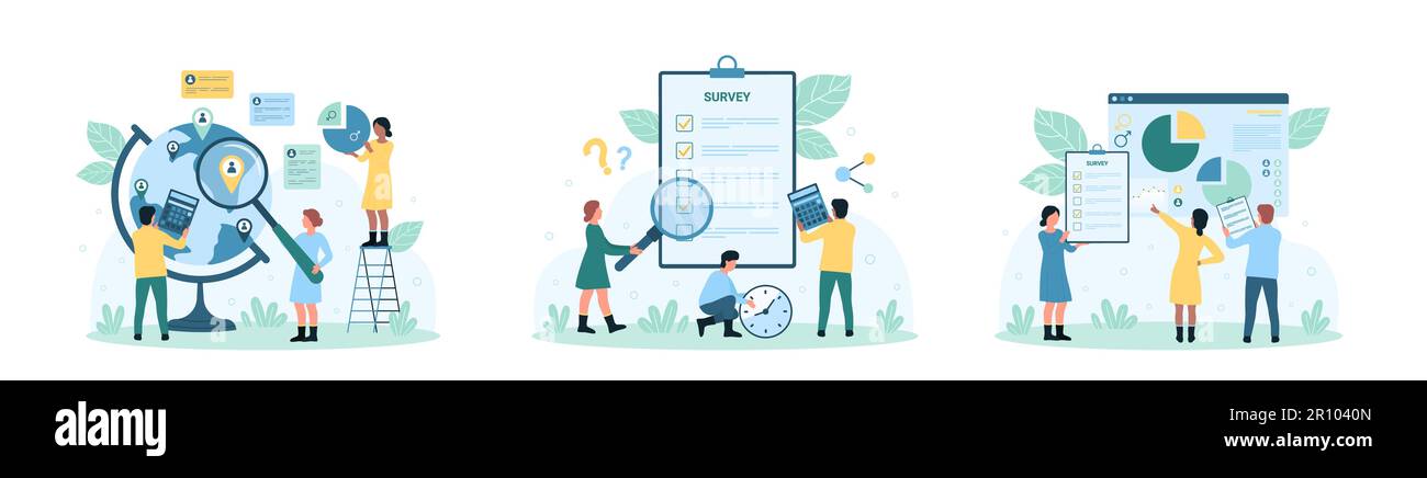 Sociology set vector illustration. Cartoon tiny people look through magnifying glass at survey ...