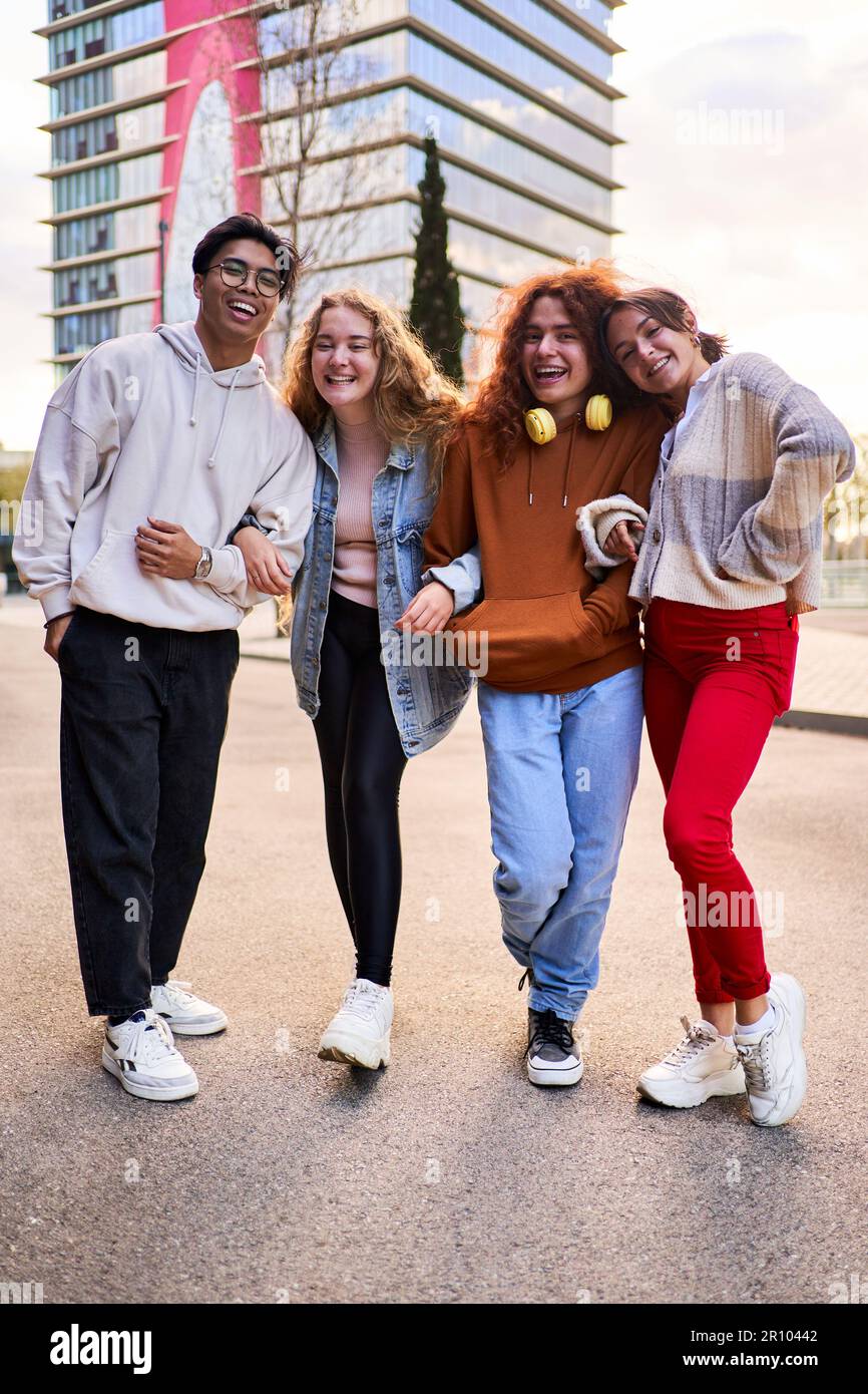 Portrait of happy group of Erasmus students looking at camera smiling ...