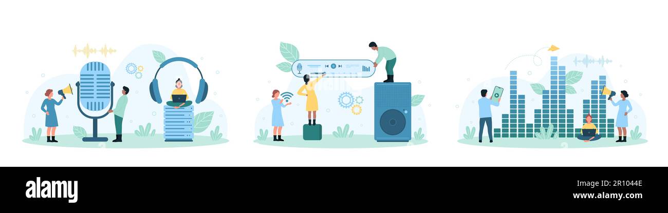 Sound recording set vector illustration. Cartoon tiny people record ...
