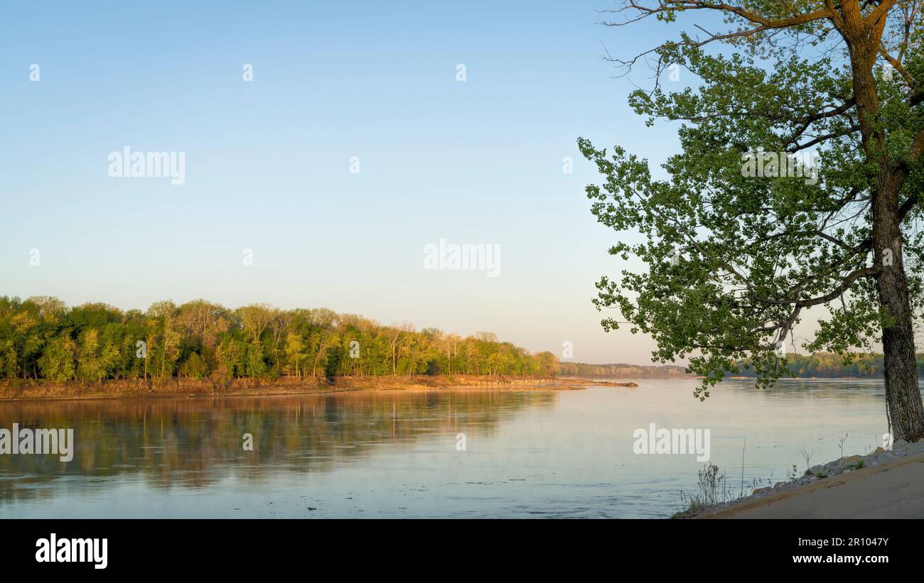 calm spring sunrise over Missouri River at Dalton Bottoms Stock Photo ...