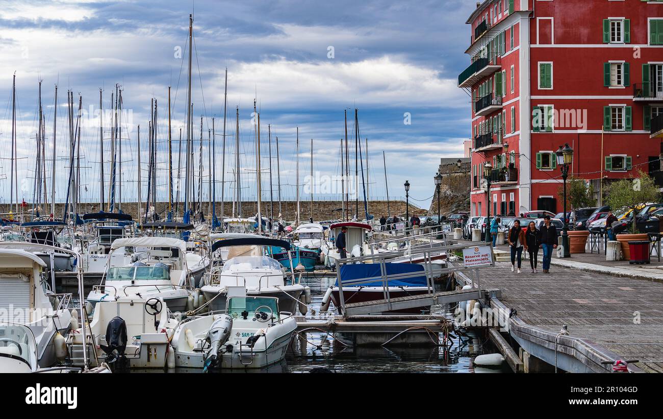 A landscape of a port surrounded by buildings in Bastia, France Stock ...