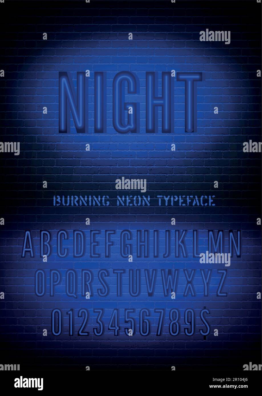 Night sign and blue neon narrow bold font with numbers on vector dark ...