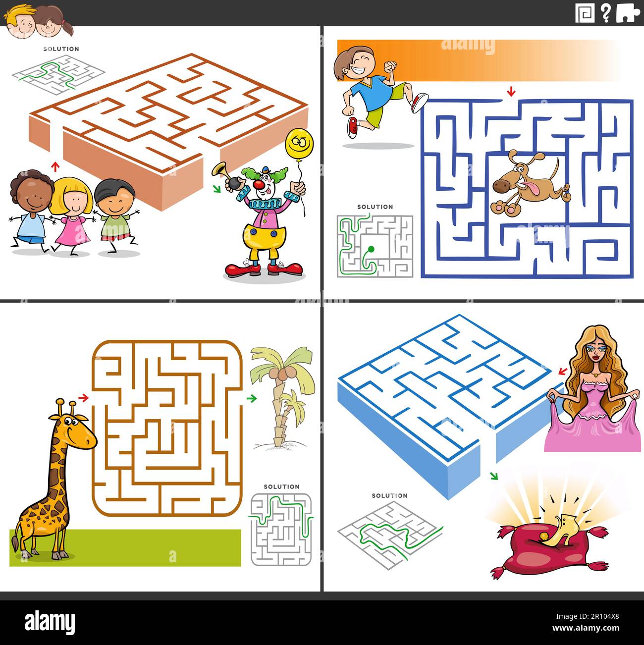 Cartoon illustration of educational maze puzzle games set with comic ...
