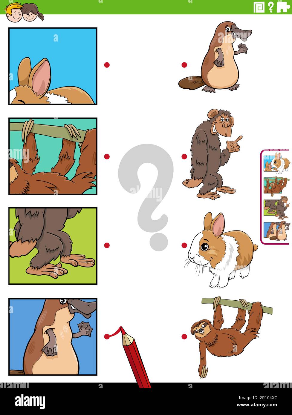 Cartoon illustration of educational matching game with animal ...
