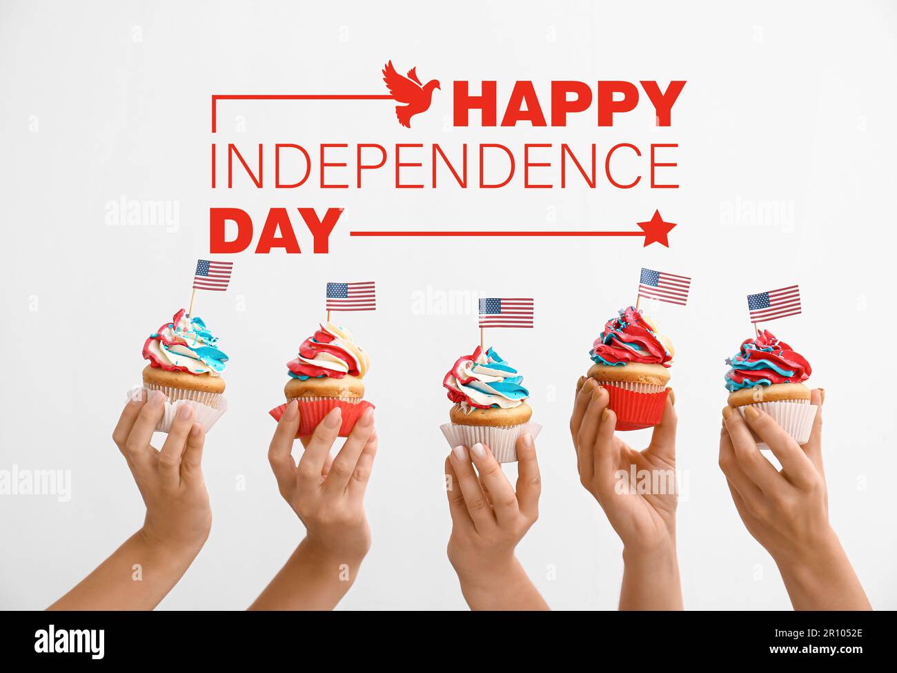 Many hands holding tasty patriotic cupcakes with USA flags and text ...