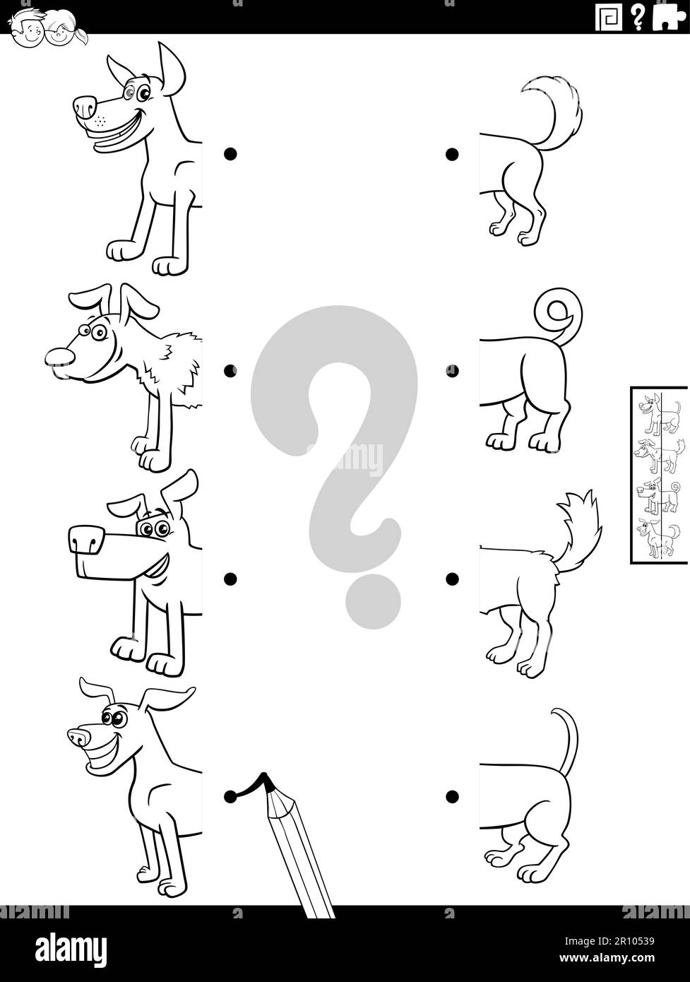 Black and white cartoon illustration of educational game of matching ...