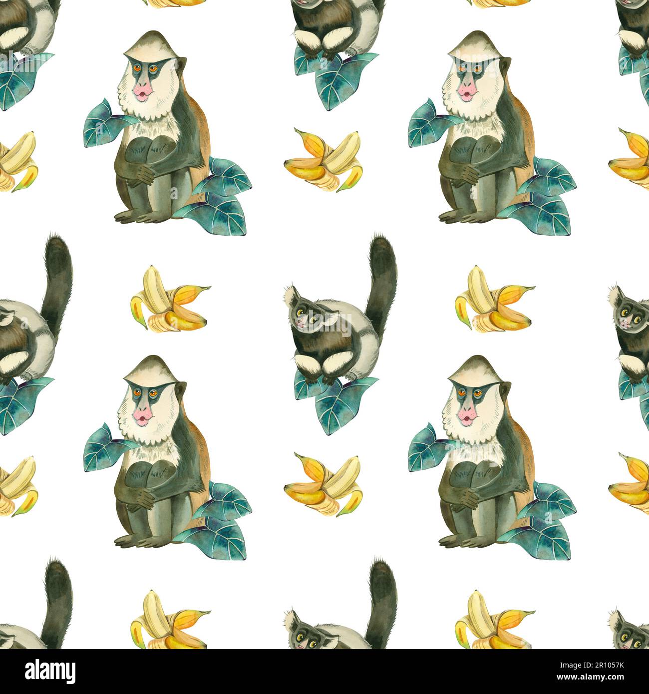 Seamless pattern with funny monkeys and bananas on a white background ...