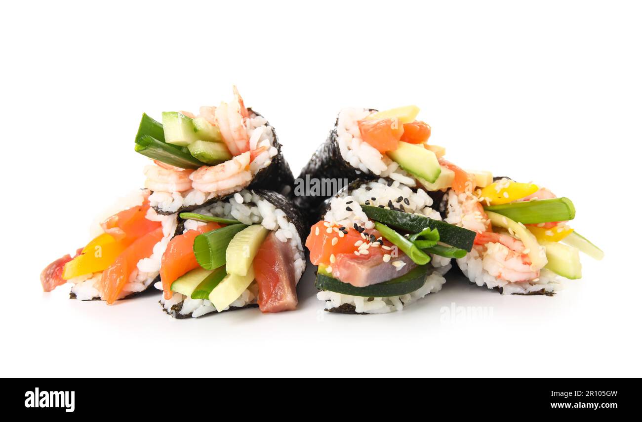 Stack of tasty sushi cones on white background Stock Photo - Alamy