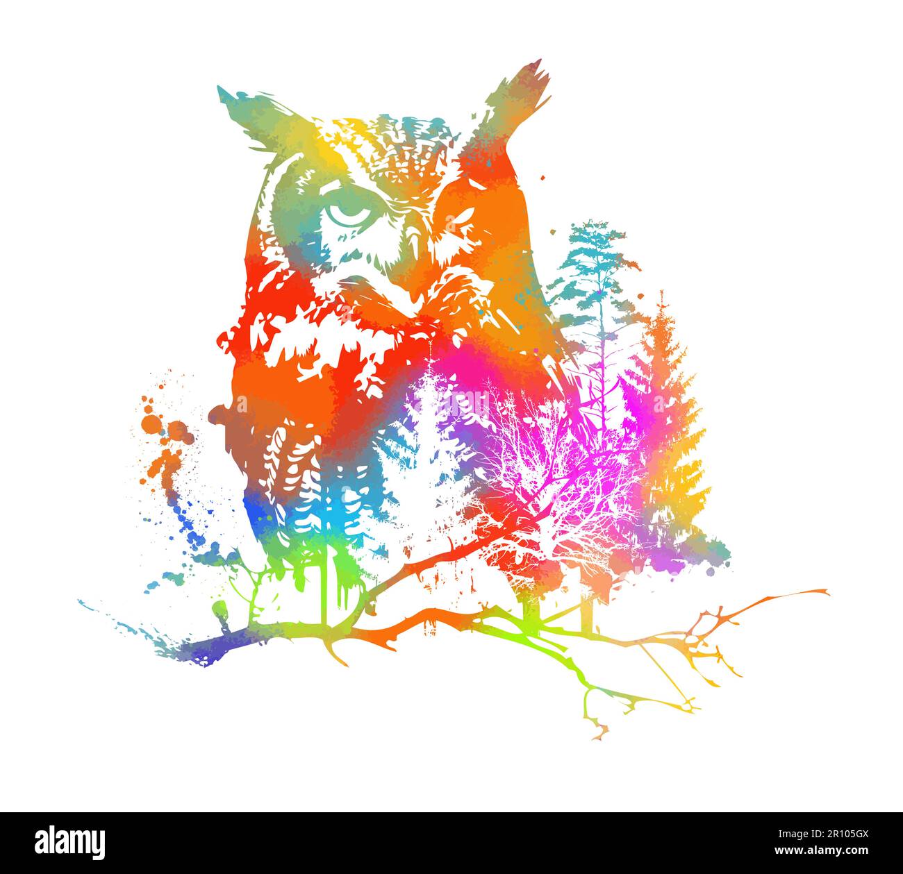 colorful graphic portrait of an owl in the forest. Abstraction trees ...