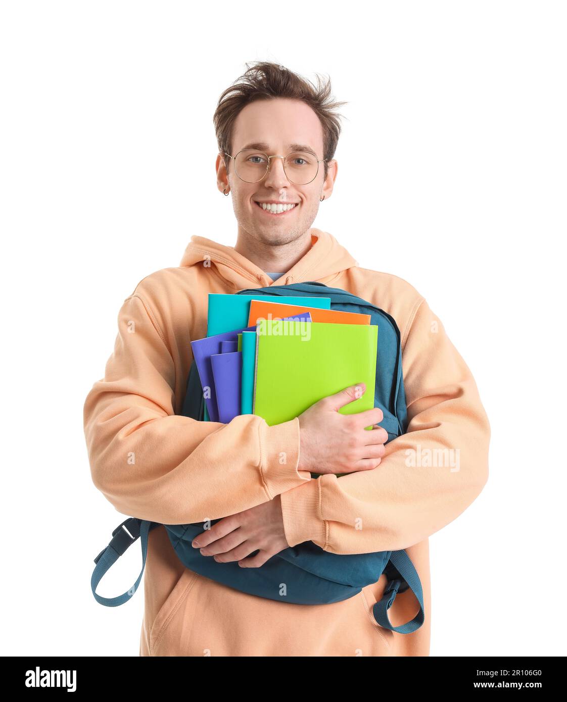 Male student with backpack on white background Stock Photo - Alamy