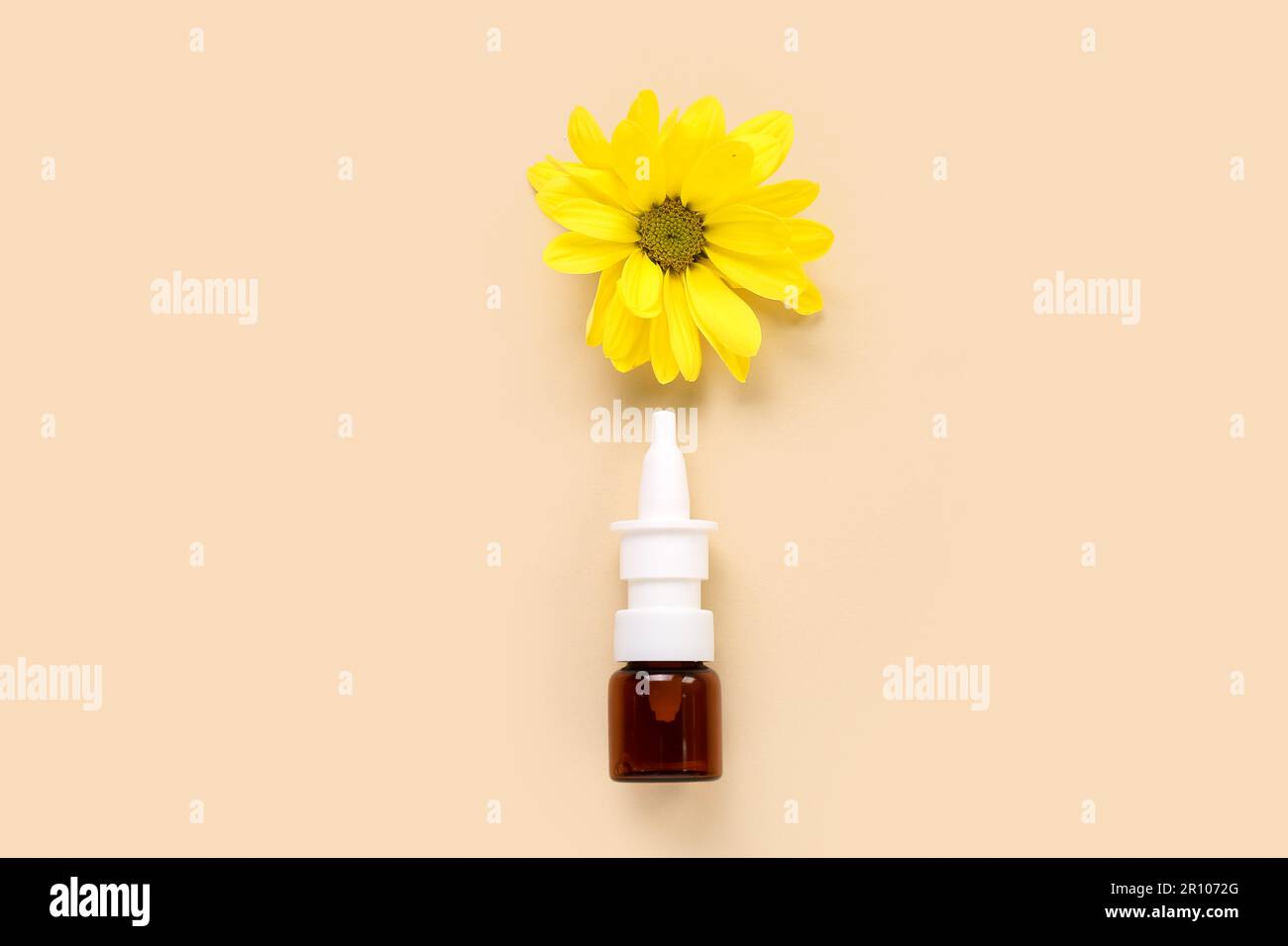 Nasal drops with daisy flower on beige background. Seasonal allergy ...