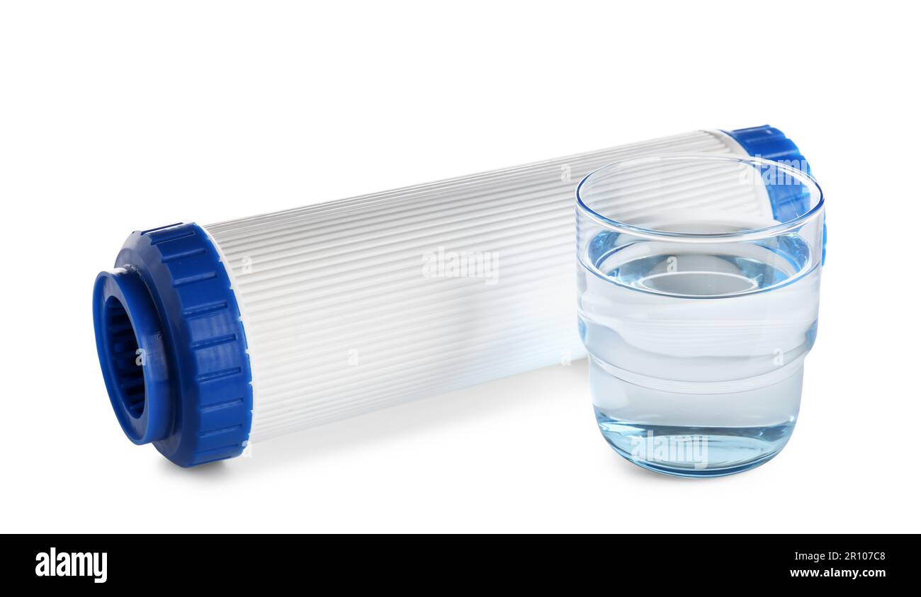 New water filter cartridge and glass of liquid isolated on white ...