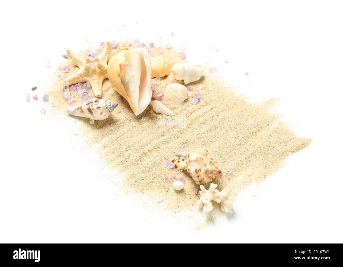 Sand with seashells, purple sea salt and starfishes on white background ...