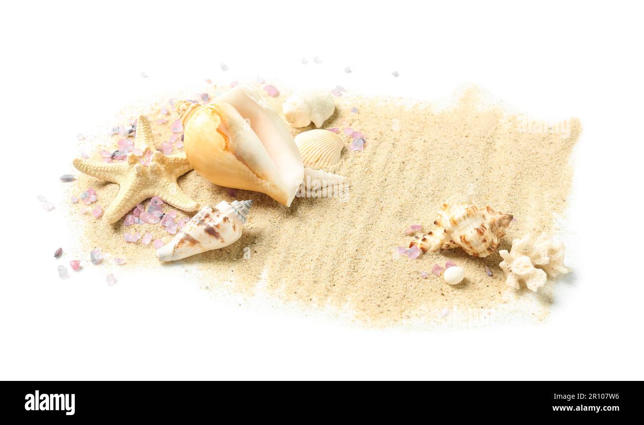 Sand with seashells, purple sea salt and starfishes on white background ...