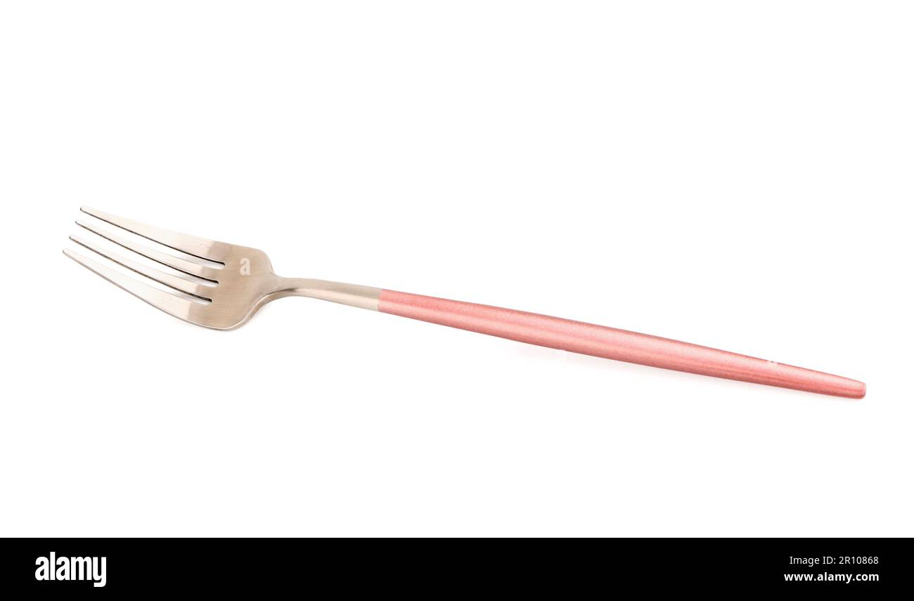 Silver fork with pink handle on white background Stock Photo - Alamy