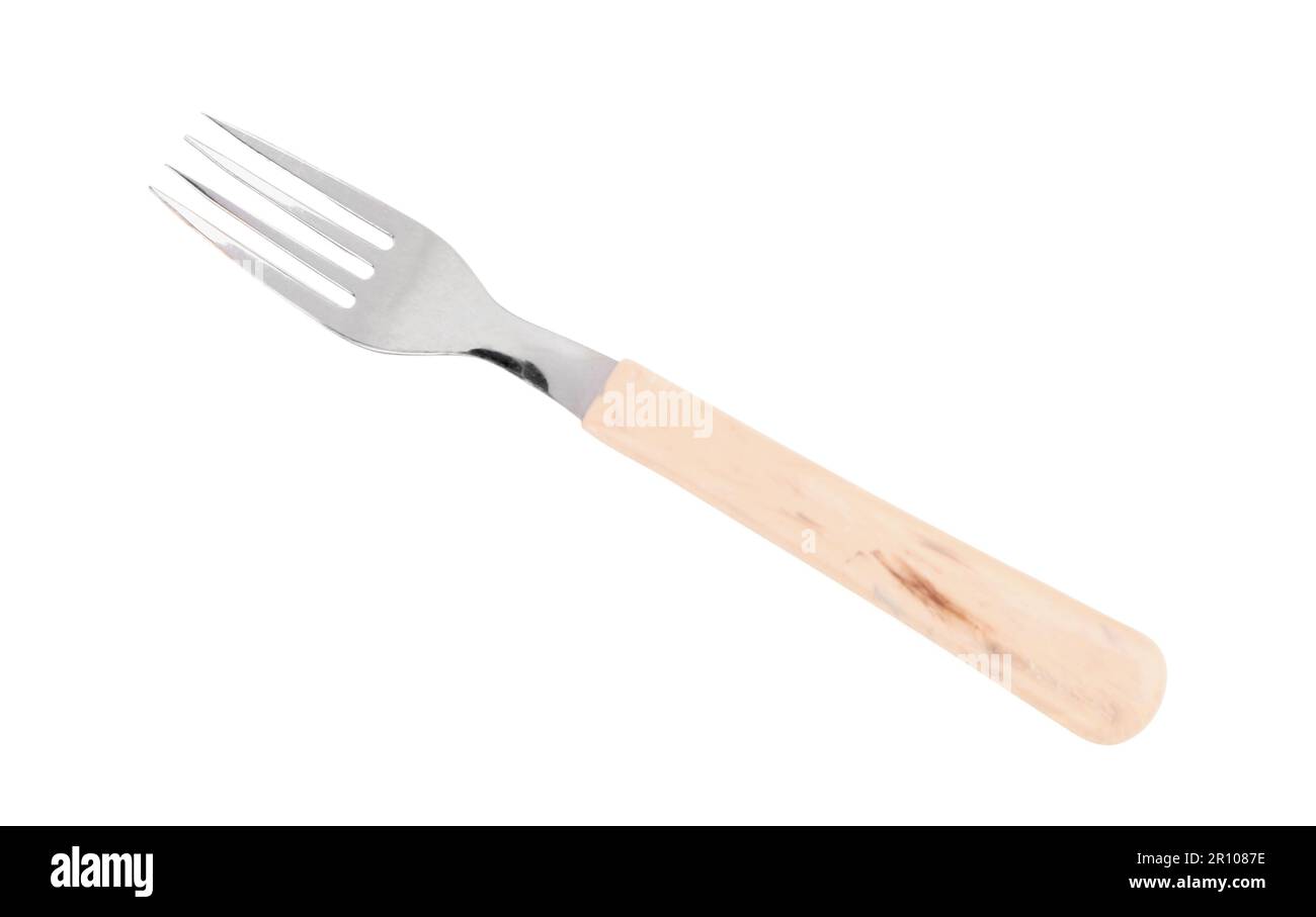 Silver fork with wooden handle on white background Stock Photo - Alamy