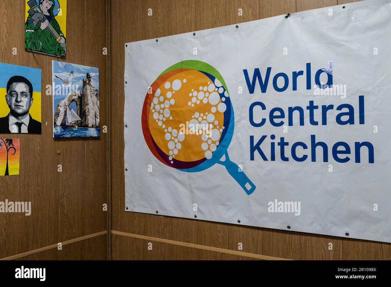 Poster by World Central Kitchen in village of Komar of Donetsk region ...